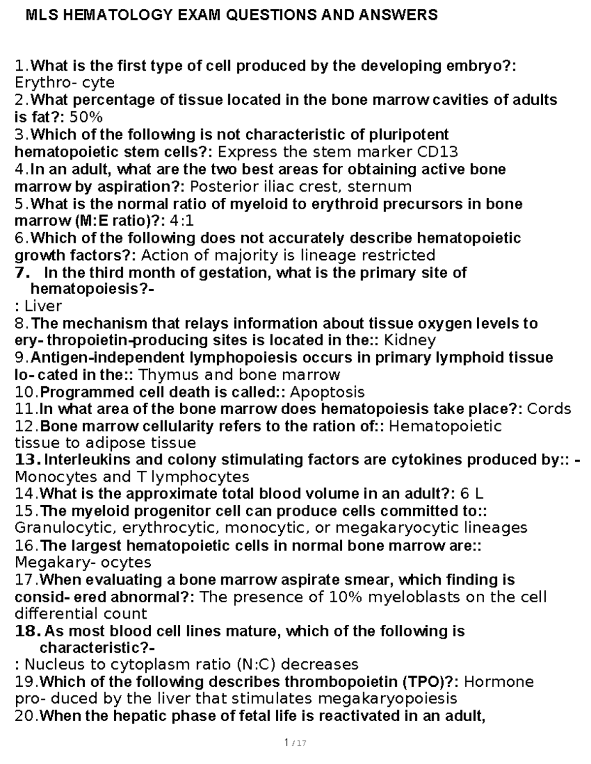 MLS Hematology EXAM Questions AND Answers - What is the first type of ...