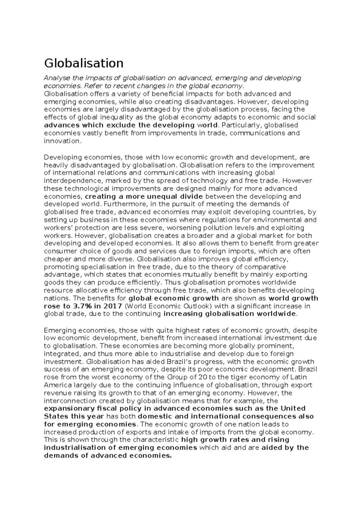 Economics Essay Plans - Globalisation Analyse the impacts of ...