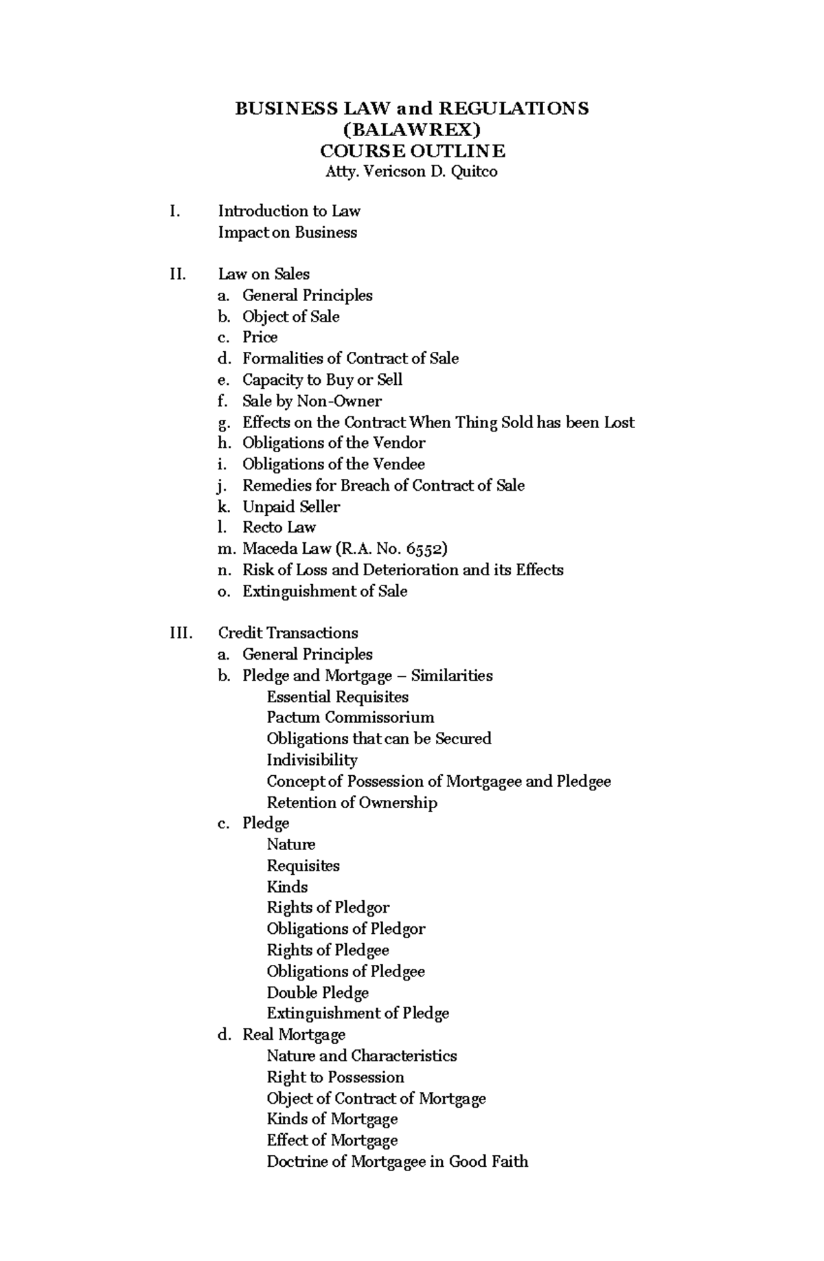 Balawrex - Course Outline - BUSINESS LAW and REGULATIONS (BALAWREX ...