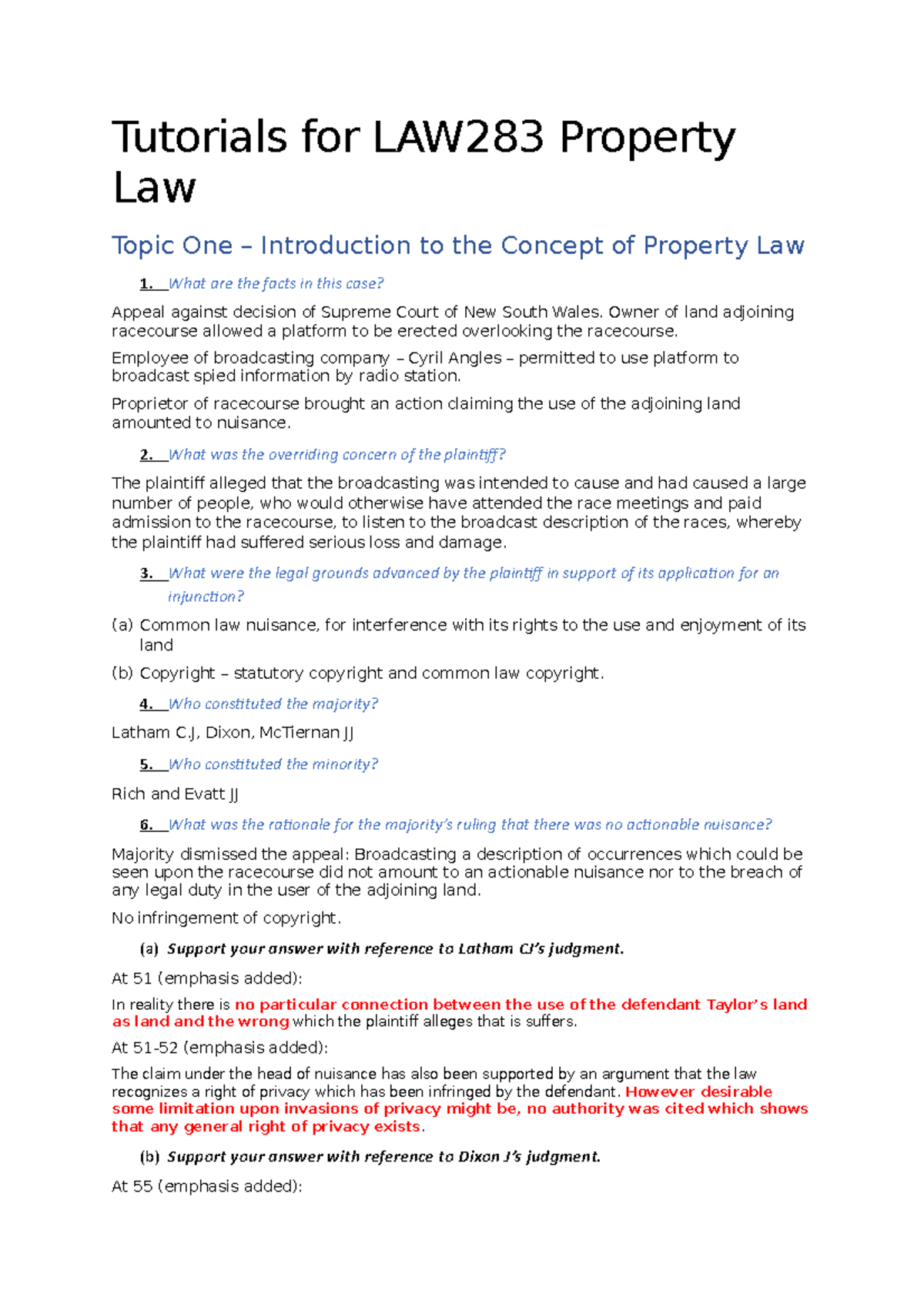 LAW283 Property Law Tutorials Topics 1-4 - Tutorials for LAW283 ...