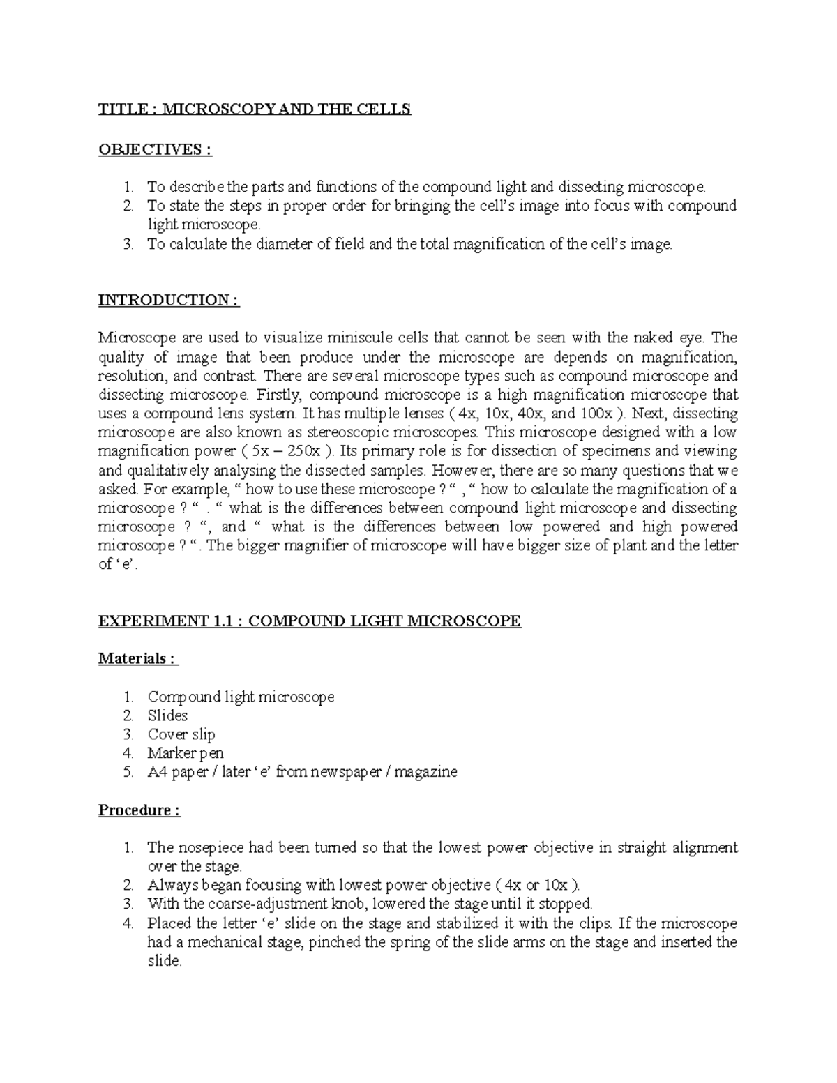 Exp bio 1.1 ( new ) - our lab report - TITLE : MICROSCOPY AND THE CELLS ...