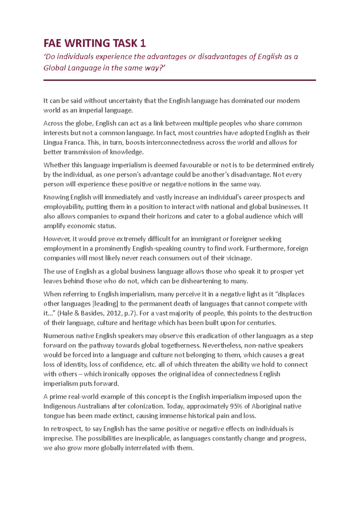 Writing Task 1 Exemplar 2 - FAE WRITING TASK 1 ‘Do individuals ...