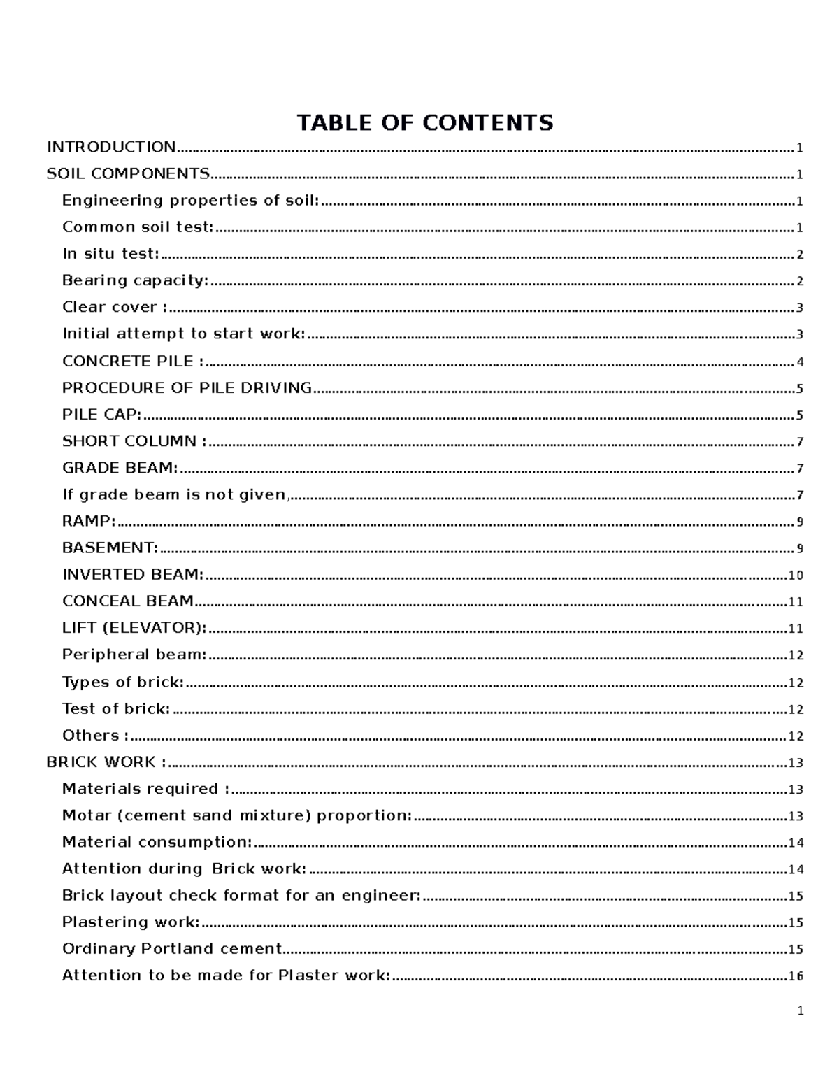 Building Construction report 6 - TABLE OF CONTENTS - Studocu