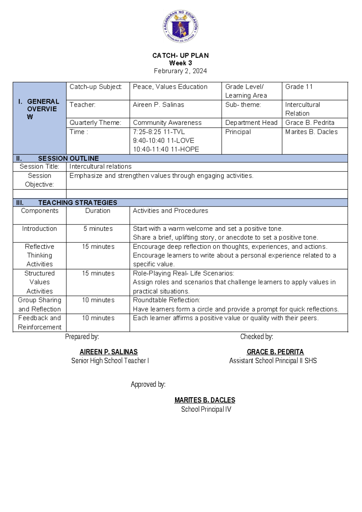 Catch 1 - CATCH- UP PLAN Week 3 Februrary 2, 2024 I. GENERAL OVERVIE W ...