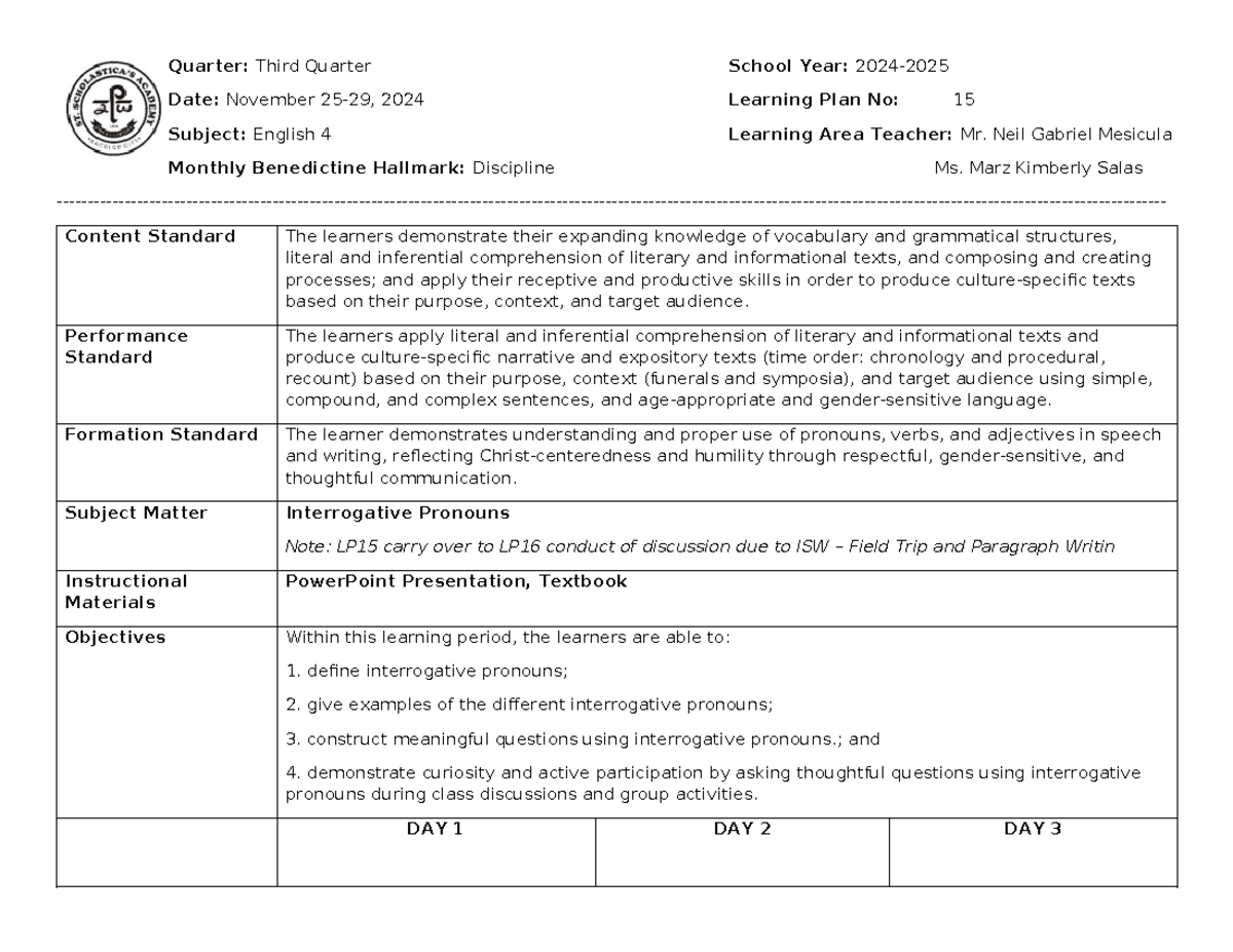 ENG4 LP16 - English Learning Plan - Quarter: Third Quarter School Year ...