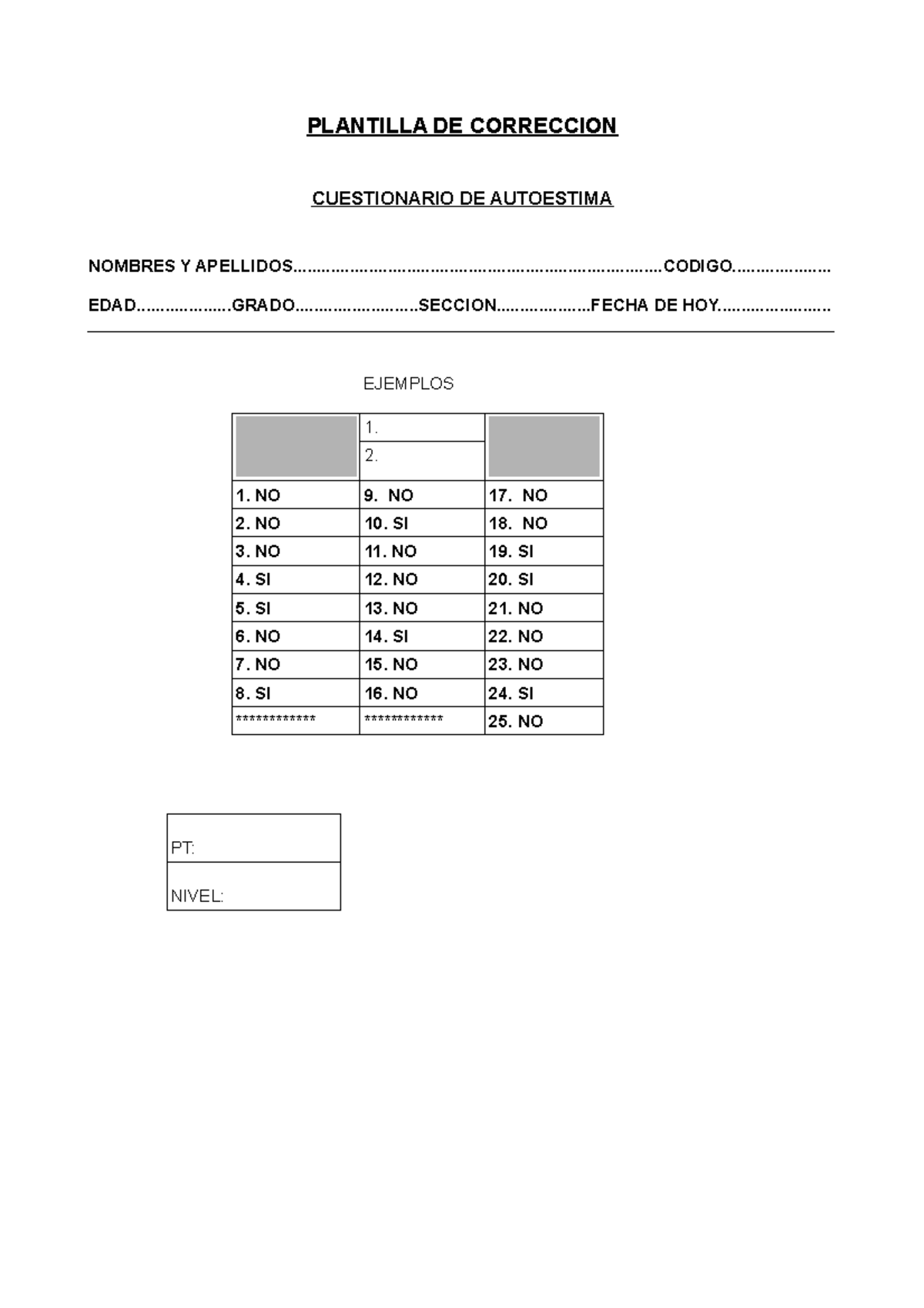 Plantillas correcion bam - PLANTILLA DE CORRECCION CUESTIONARIO DE ...