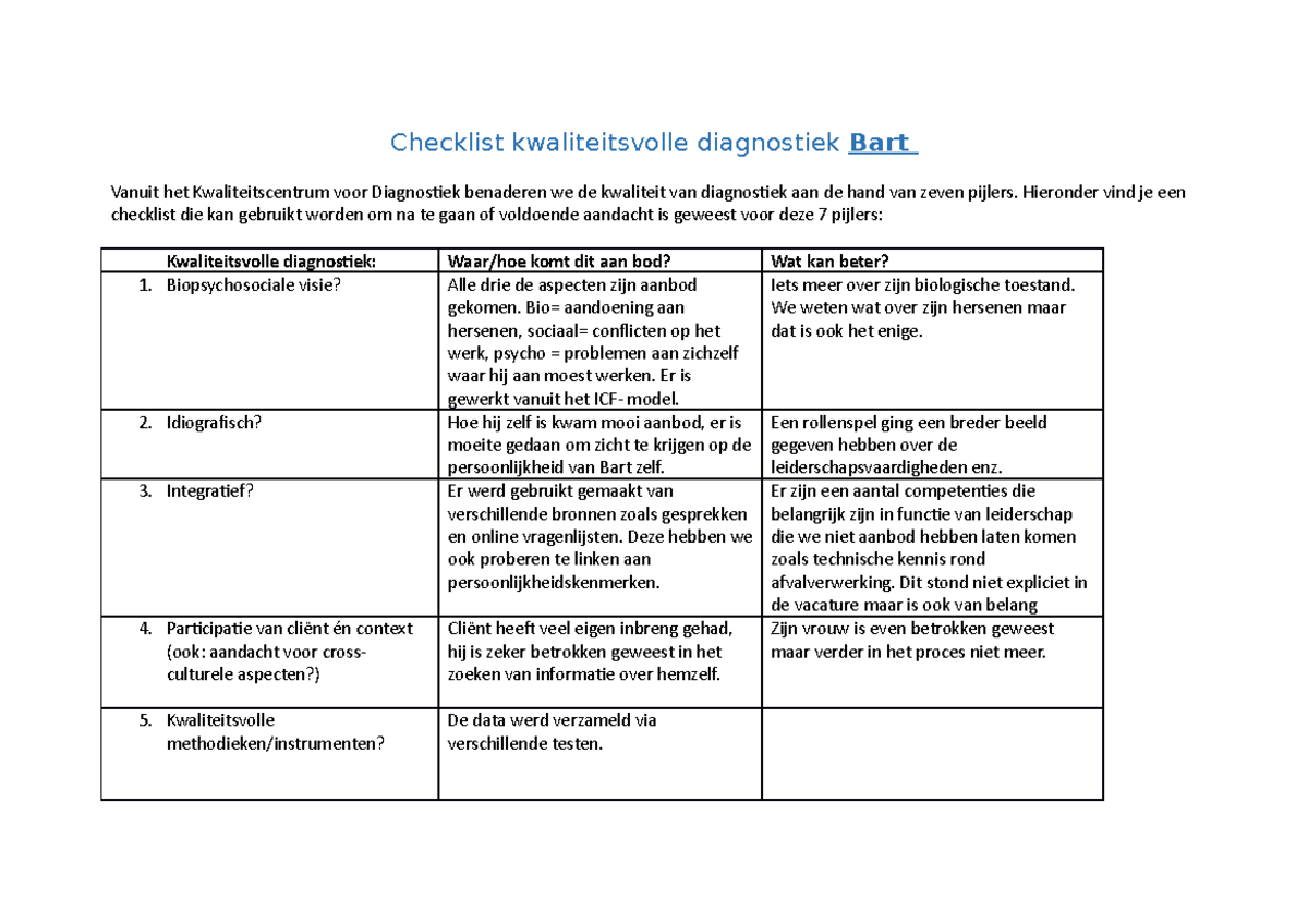 Bart checklist - Checklist kwaliteitsvolle diagnostiek Bart Vanuit het ...