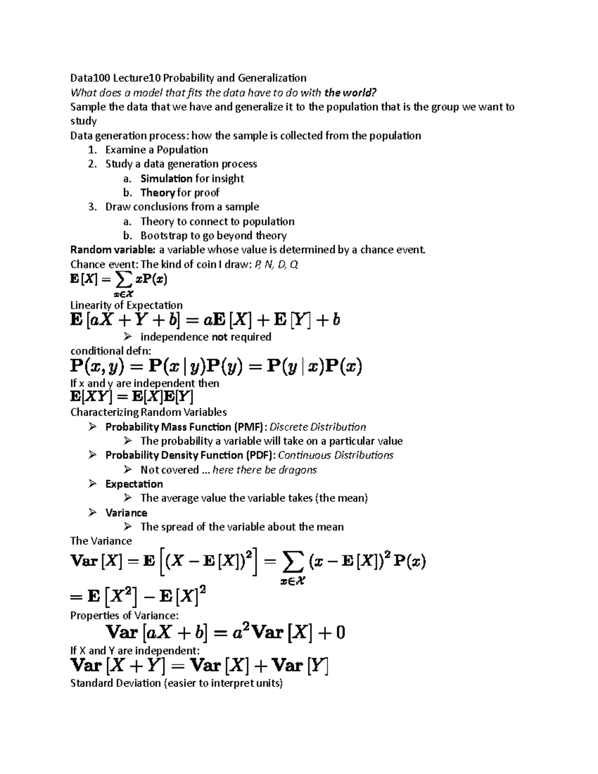 Lecture 10 Probability and Generalization - Examine a Population 2. Study a data generation ...