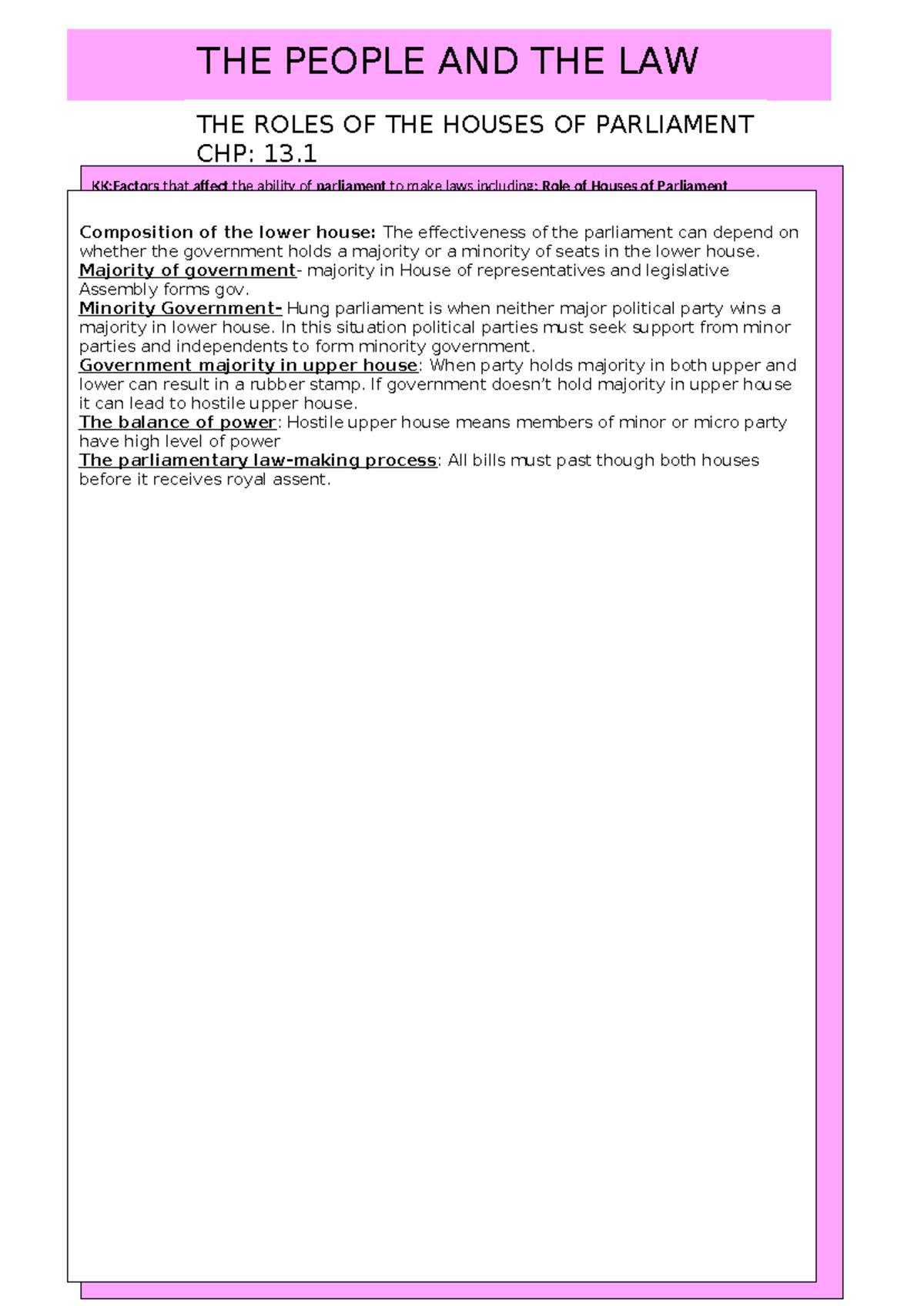 Legal Unit 4 AOS2 notes - THE ROLES OF THE HOUSES OF PARLIAMENT CHP: 13 ...