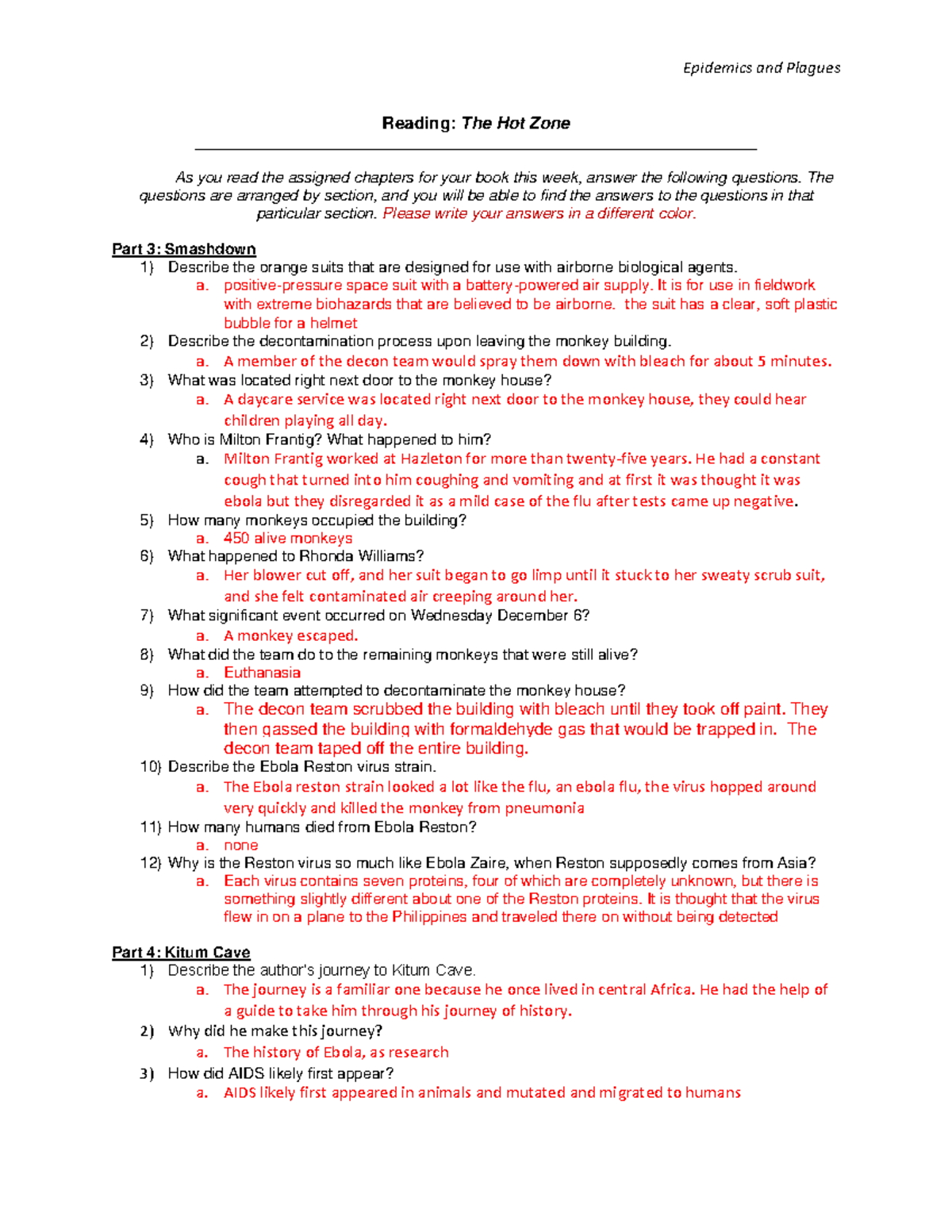 The Hot Zone Questions Parts 3 and 4 - Epidemics and Plagues Reading ...