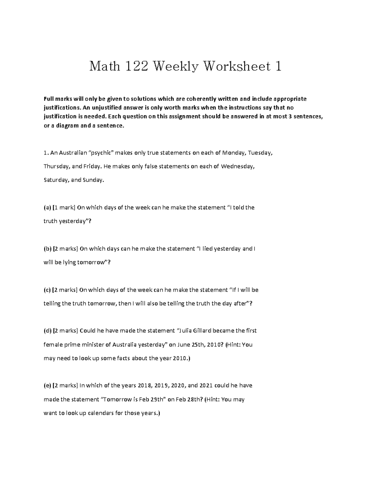 Math 122 Weekly Worksheet 1 - Math 122 Weekly Worksheet 1 Full marks ...