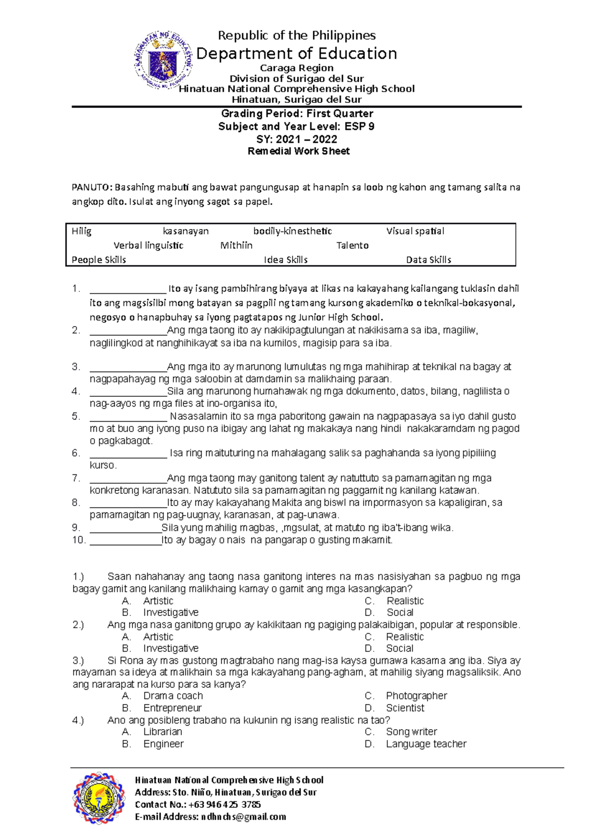 ESP Summative - none - Republic of the Philippines Department of ...
