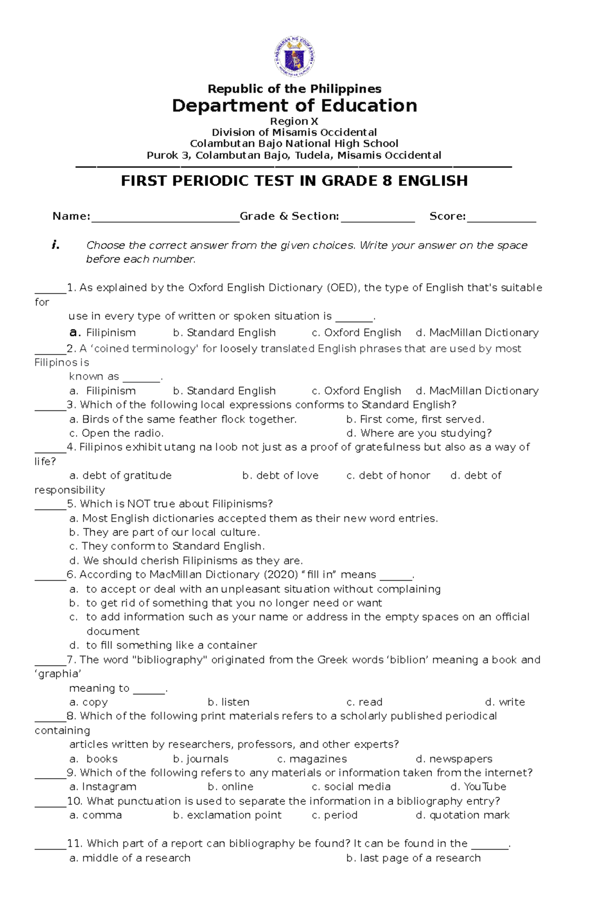 Q1 ENG8 EXAM - none - Republic of the Philippines Department of ...