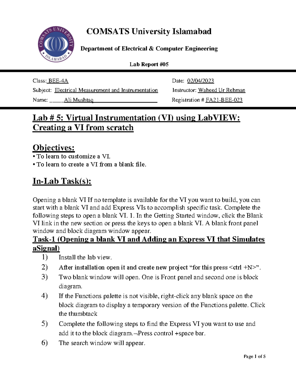 Emi lab 5 post lab - COMSATS University Islamabad Department of Electrical & Computer - Studocu