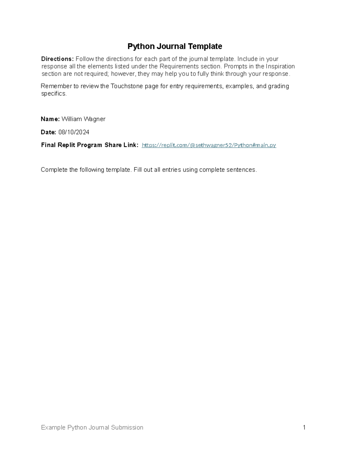 Python Journal Submission - Python Journal Template Directions: Follow ...