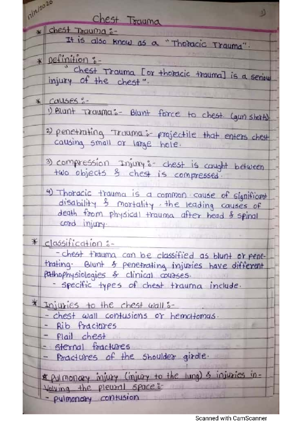 Chest Trauma Unit Handwritten Note - NURS 30030 - Studocu