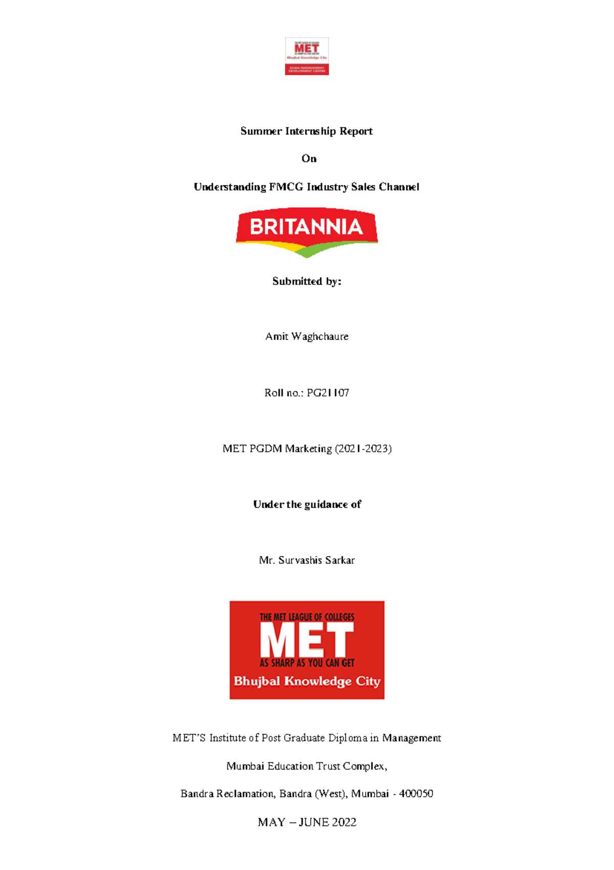 Britannia sip report - Summer Internship Report On Understanding FMCG ...
