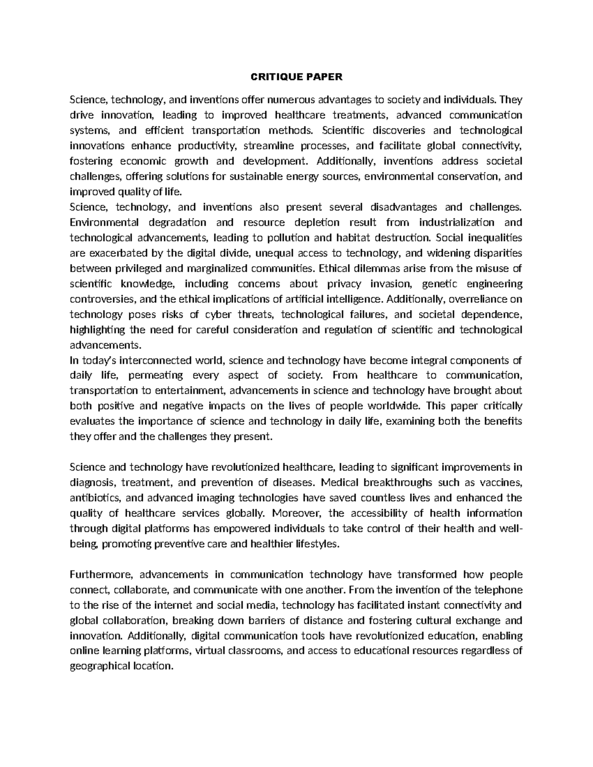 Critique Paper - CRITIQUE PAPER Science, technology, and inventions ...