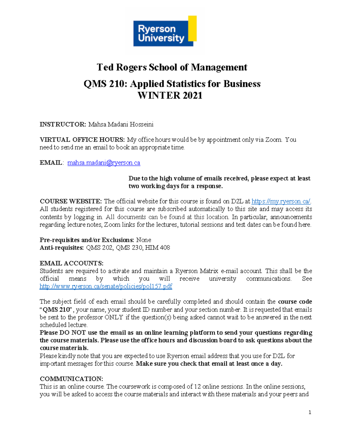 QMS 210 - Course Outline Winter 2021 - Ted Rogers School of Management ...