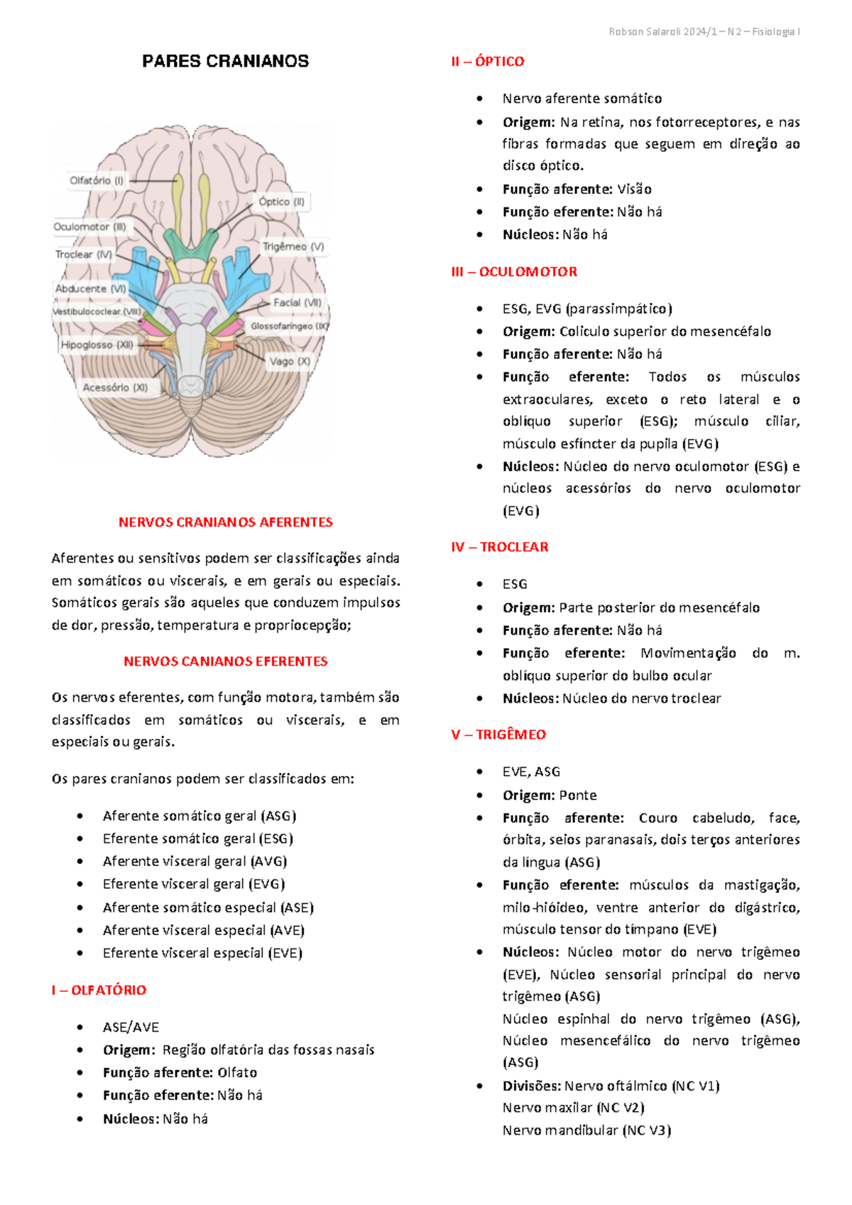 Pares Cranianos - Resumo - Robson Salaroli 2024/1 – N2 – Fisiologia I ...