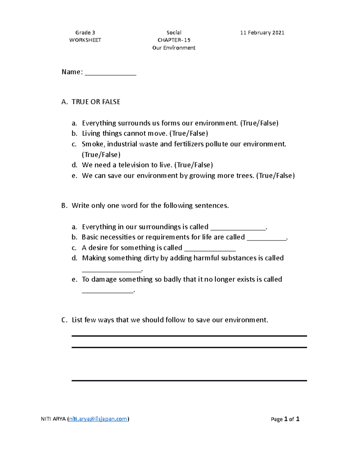 Worksheet 1 Our Envronmet - Lesson on social sciences and culture ...