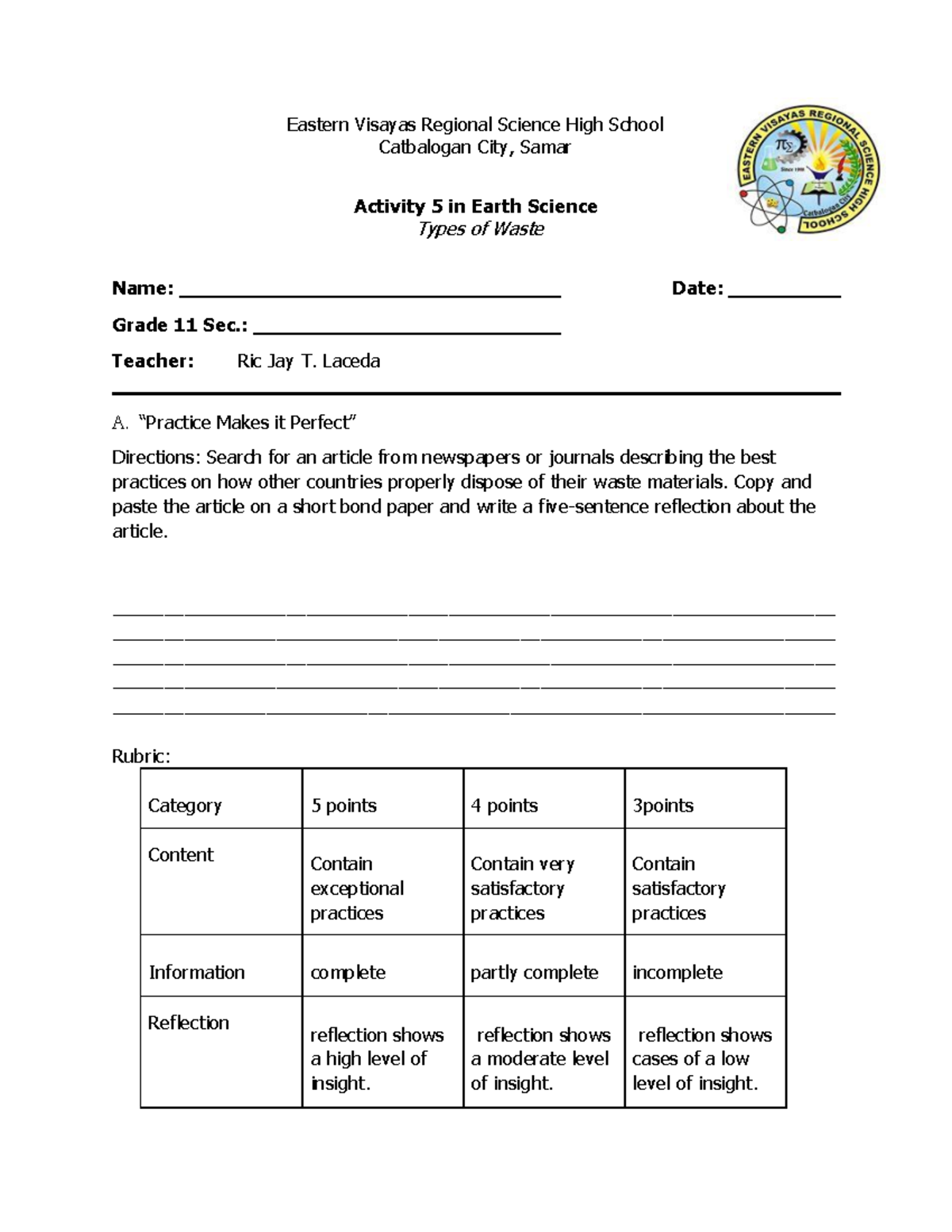 Activity 5 (Types of Waste) - Eastern Visayas Regional Science High ...