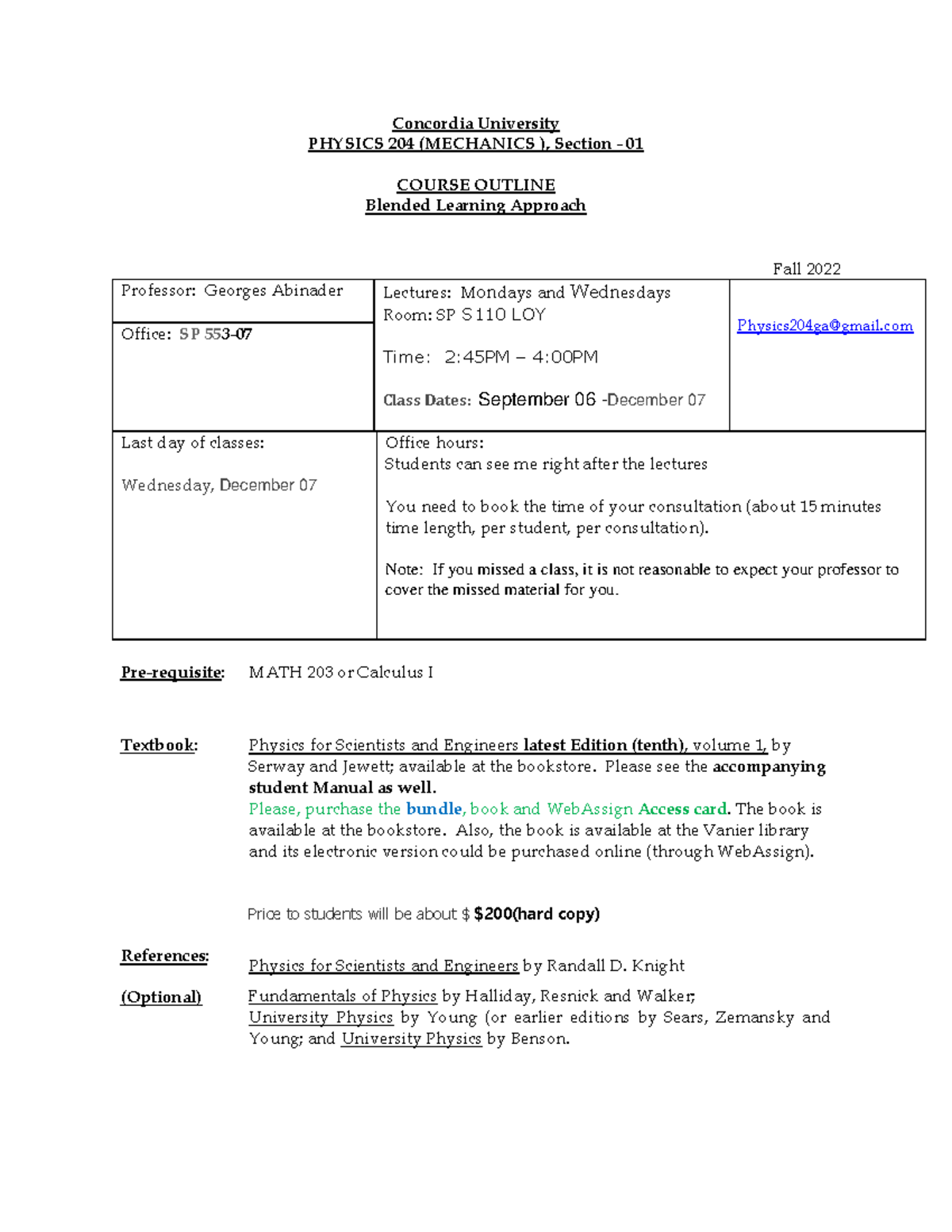 Physics syllabus - Concordia University PHYSICS 204 (MECHANICS ...