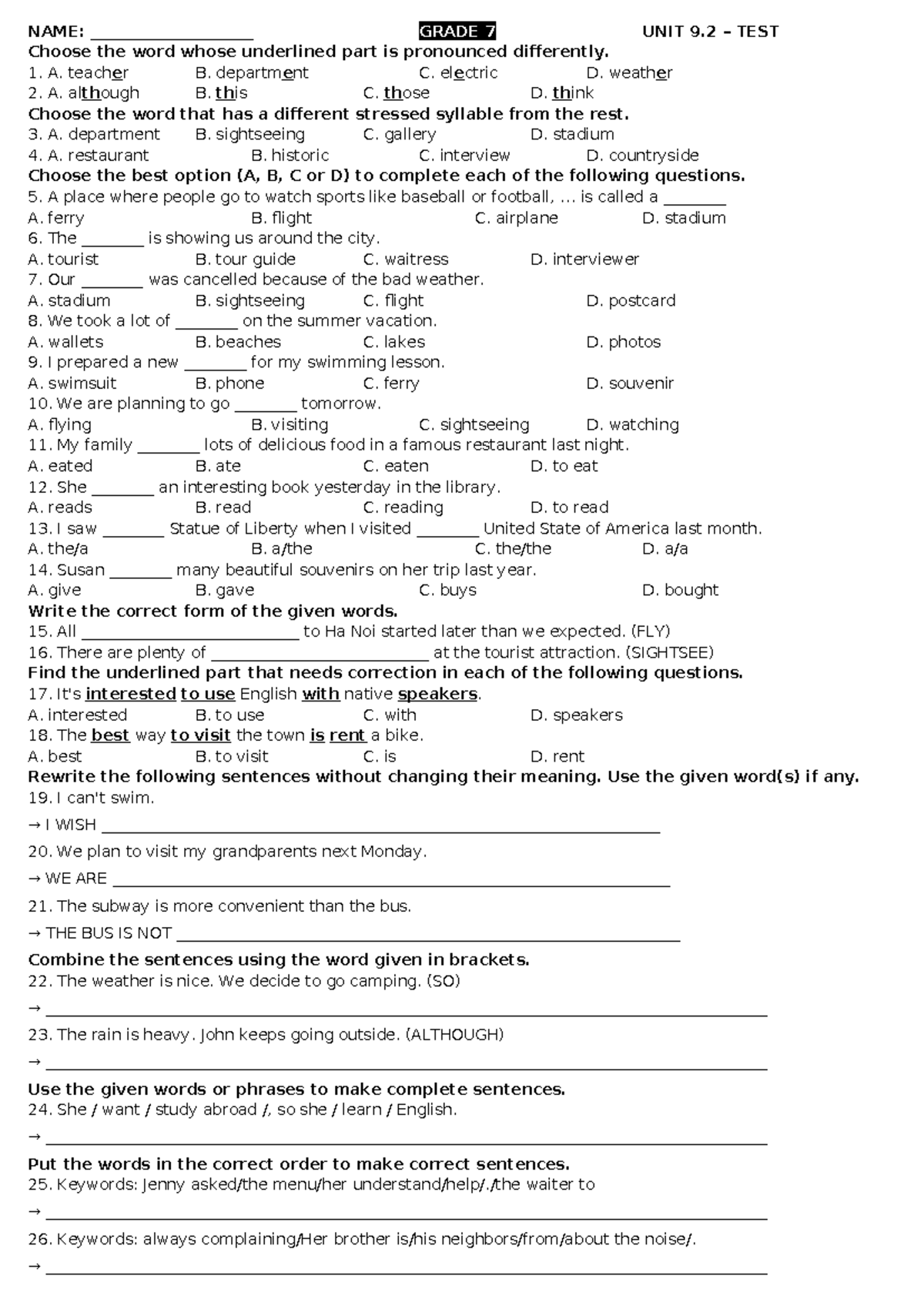 Grade 7- unit 9.2 - TEST - NAME: _____________________ GRADE 7 UNIT 9 ...
