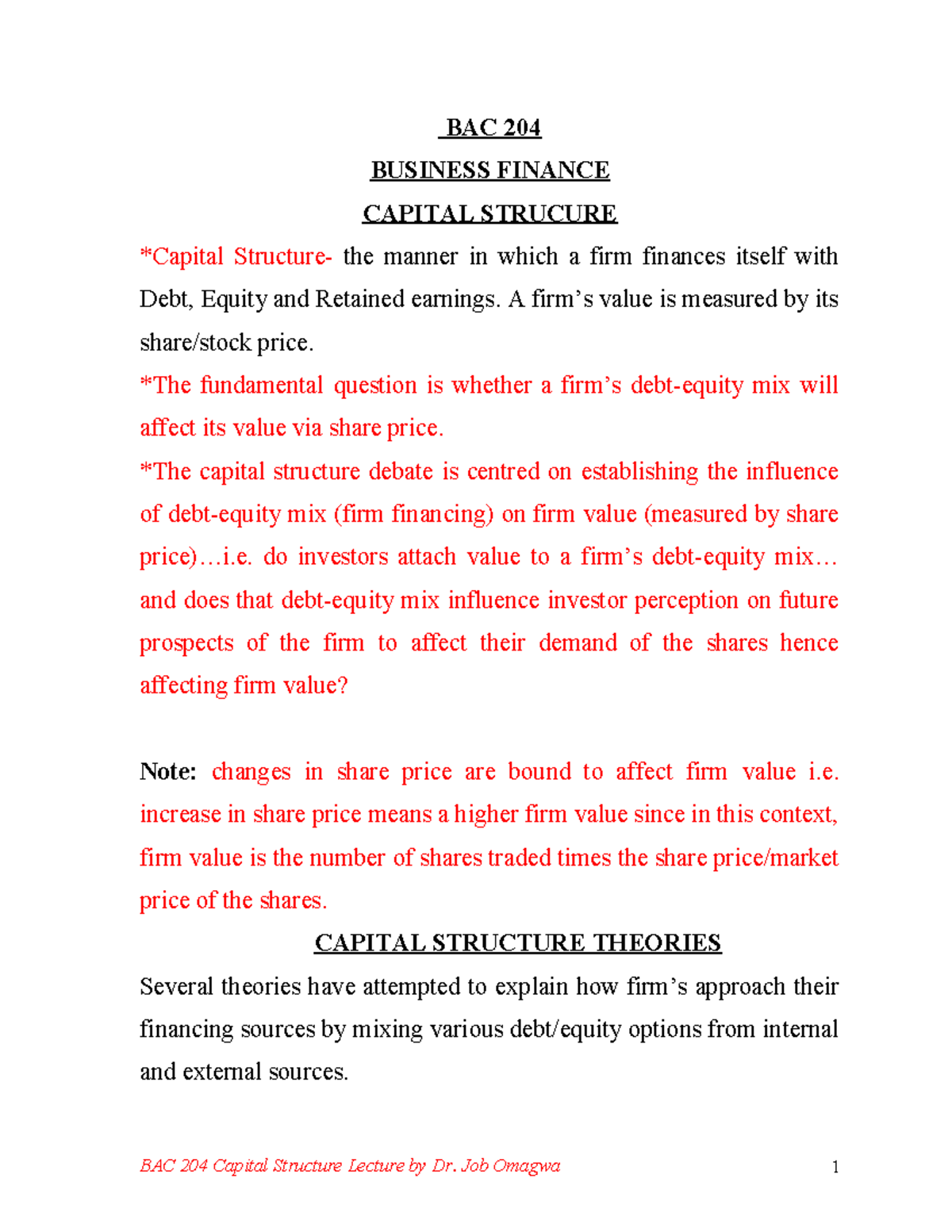 BAC 204- Capital Structure Lecture - BAC 204 BUSINESS FINANCE CAPITAL ...