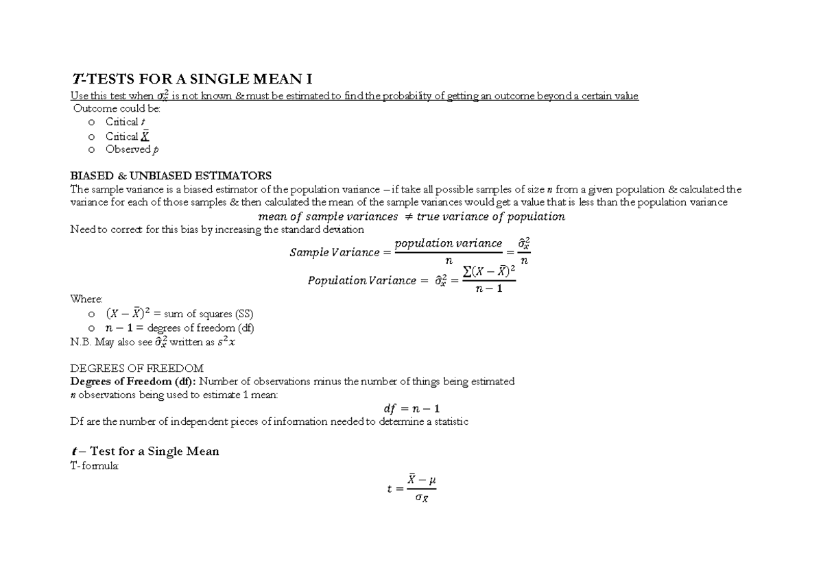 Psychology statistics - T-TESTS FOR A SINGLE MEAN I Use this test when ...
