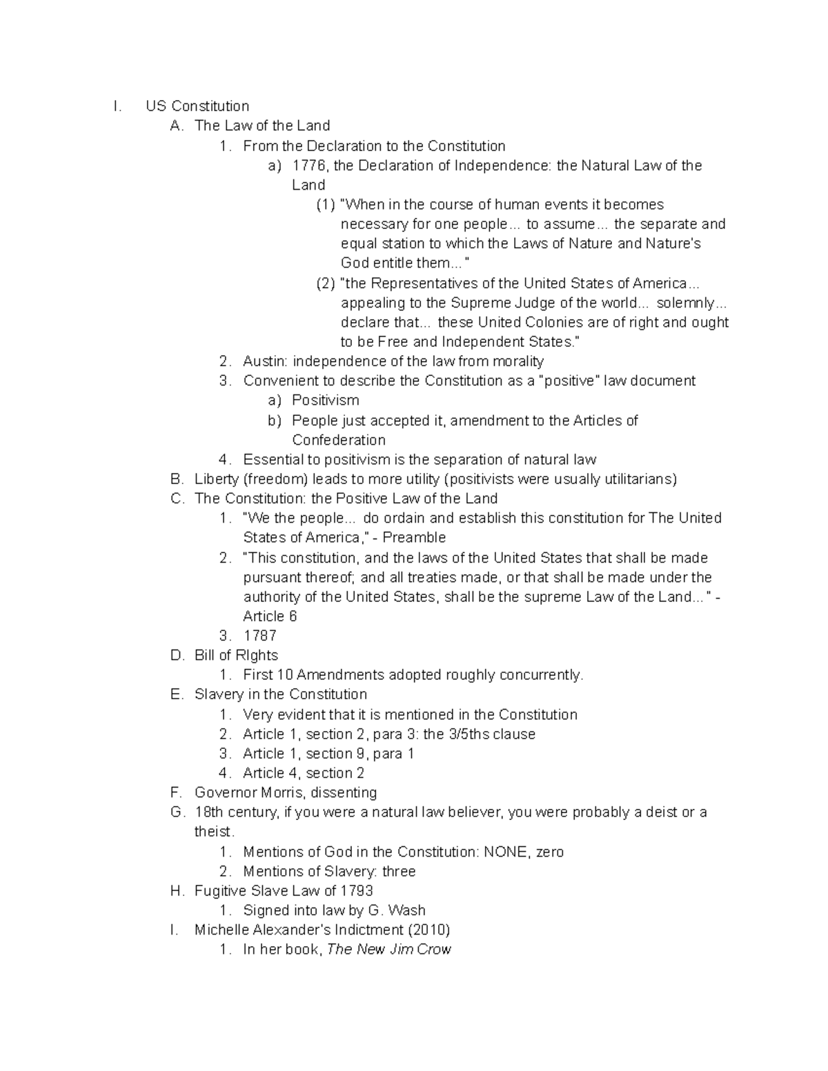 US Constitution Lecture Notes - I. US Constitution A. The Law of the ...