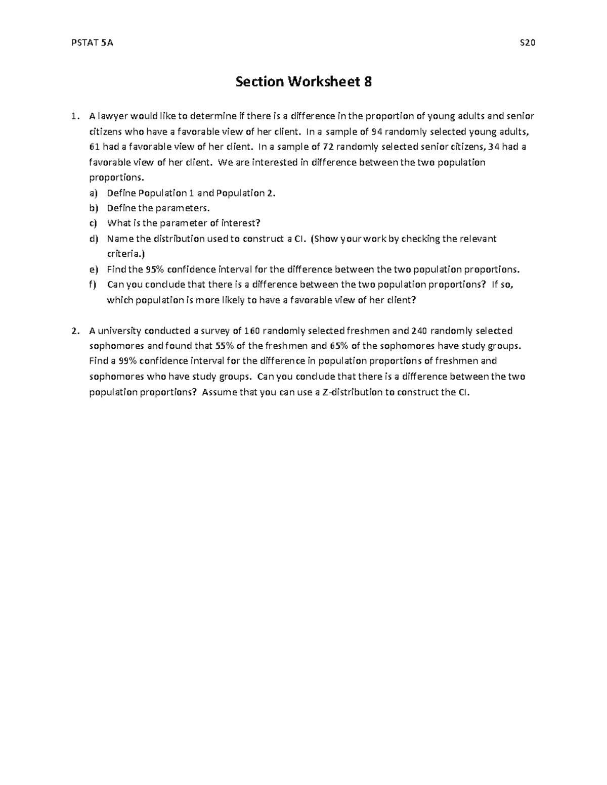 S8 - Dr. Julie Swenson - Warning: TT: undefined function: 32 PSTAT 5A S Section Worksheet 8 A ...