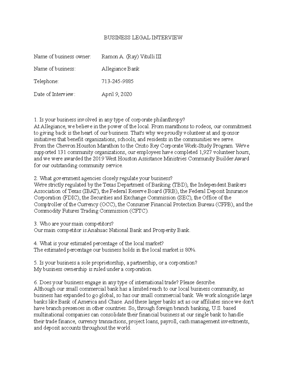 Business Legal Interview - BUSINESS LEGAL INTERVIEW Name of business ...