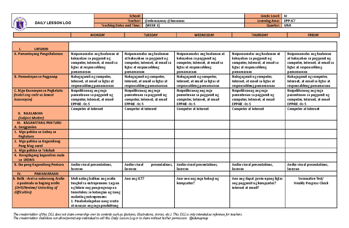 DLL EPP4 ICT W3 newedumaymay - DAILY LESSON LOG School: Grade Level: IV ...