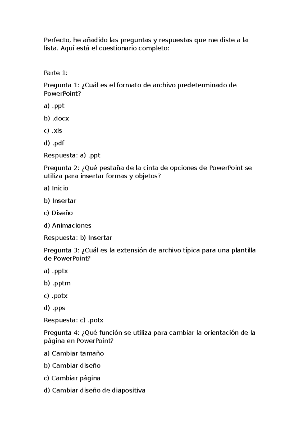 20 preguntas y respuestas de cuestionarios en Power Point - Perfecto, he añadido las preguntas y ...