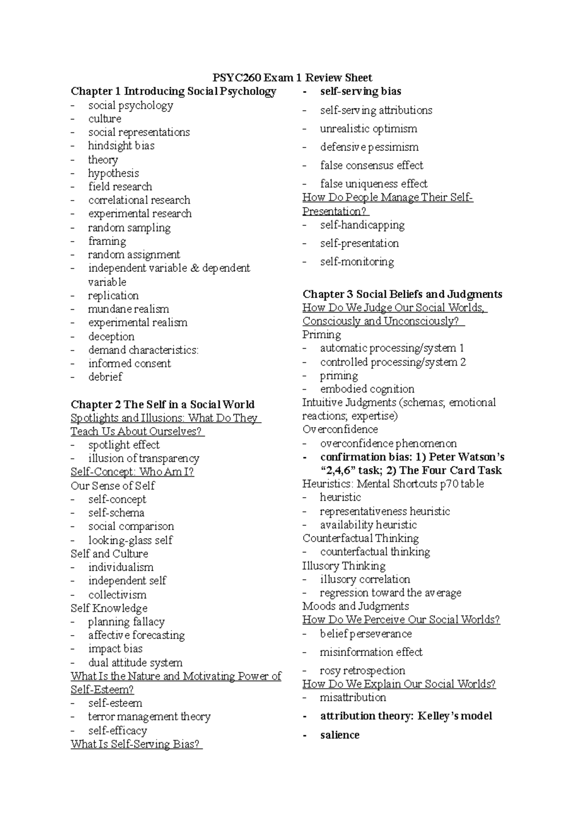 Exam 1 Review Sheet - PSYC260 Exam 1 Review Sheet Chapter 1 Introducing ...