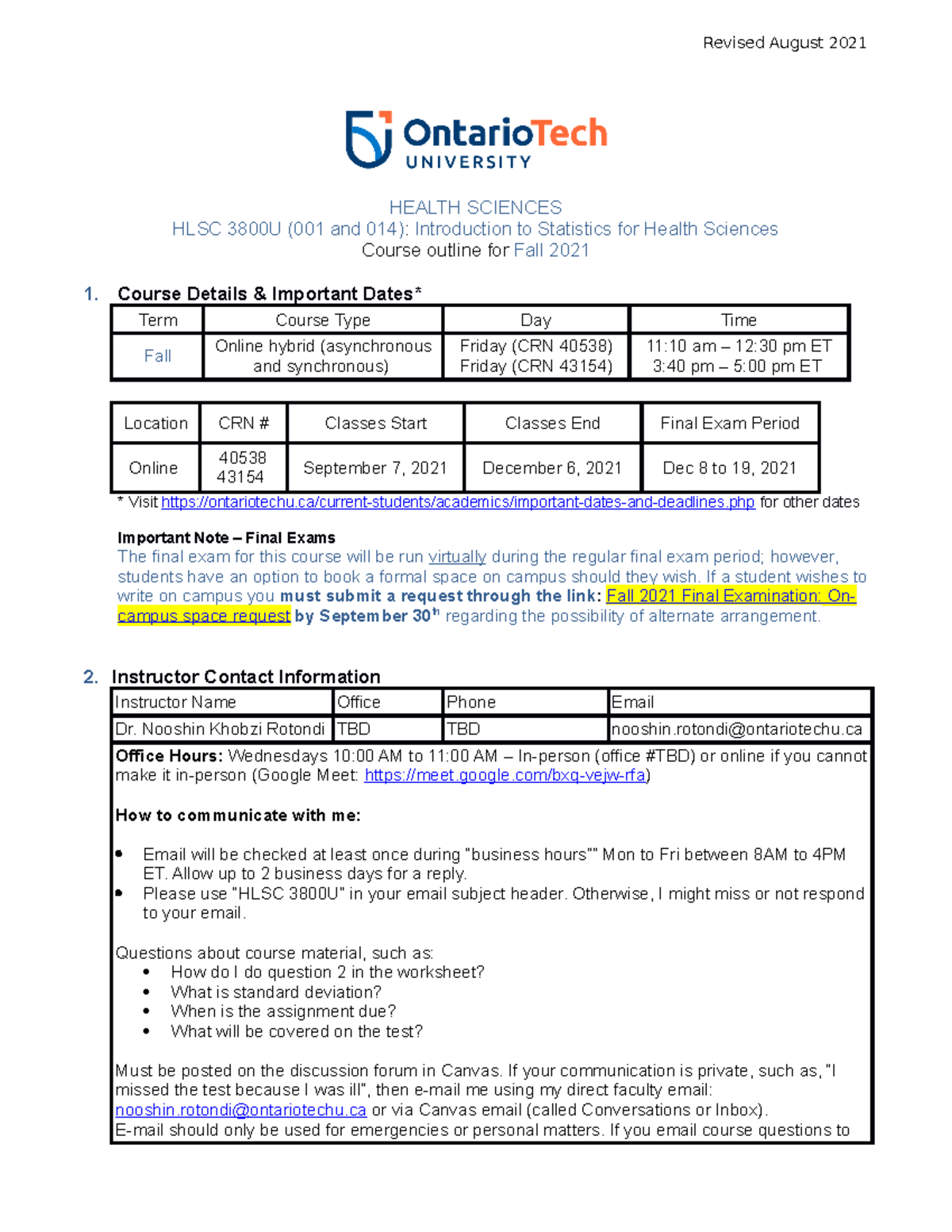 Updated HLSC 3800U course outline F2021 - HEALTH SCIENCES HLSC 3800U ...