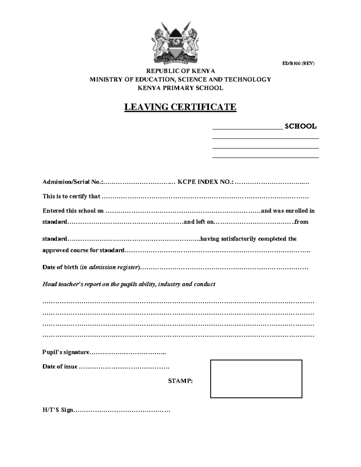 397102219 Primary Leaving Certificate - ED/B100 (REV) REPUBLIC OF KENYA ...