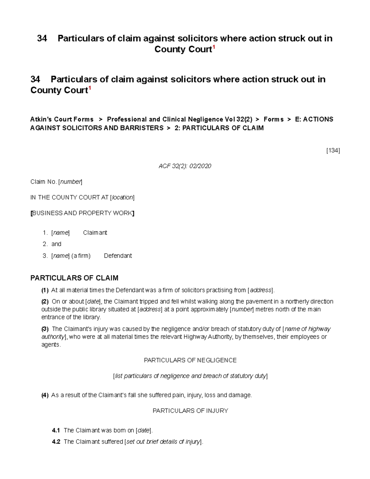 34 Particulars of claim against solicitors where action struck out in ...