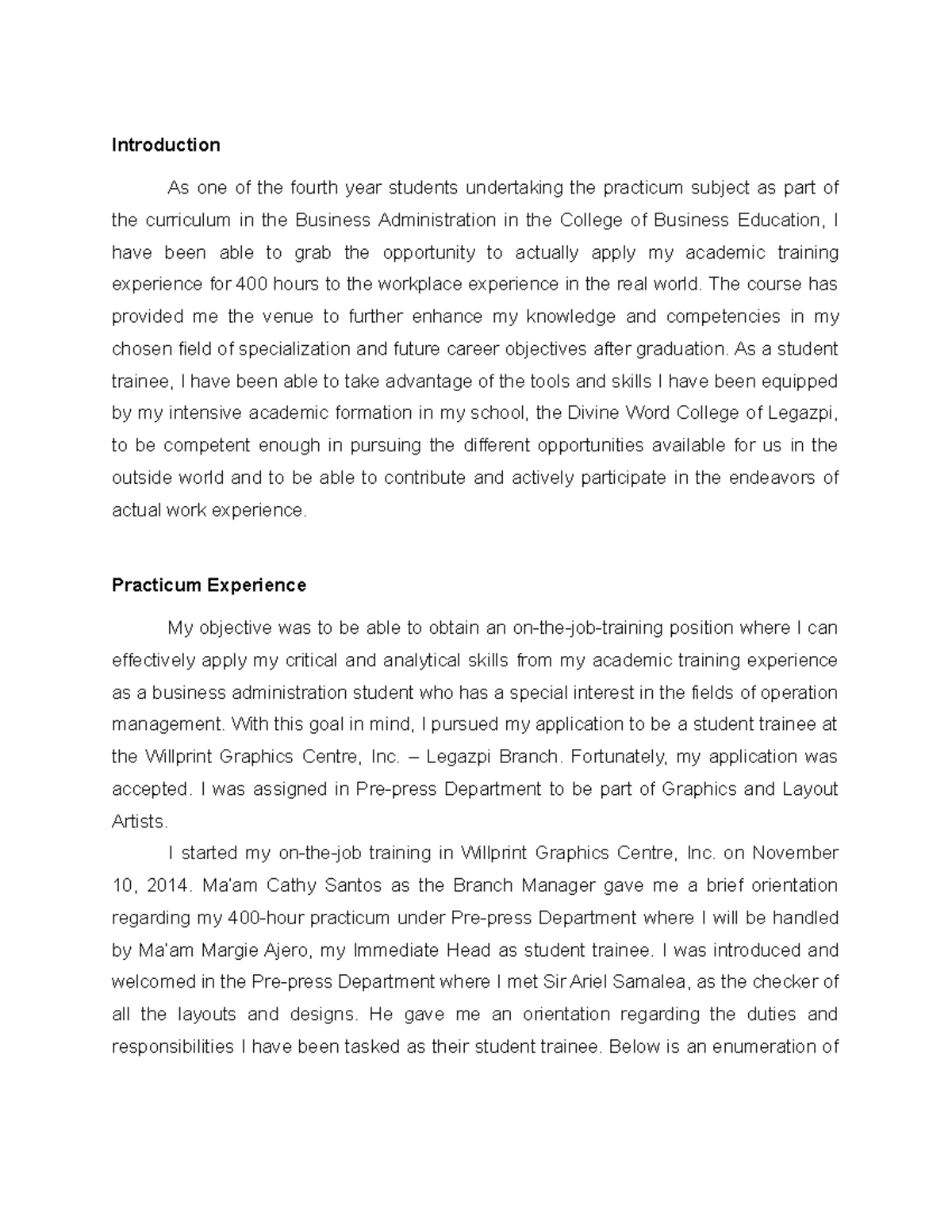 Narrative Report of Accomplishment in OJ - Introduction As one of the ...