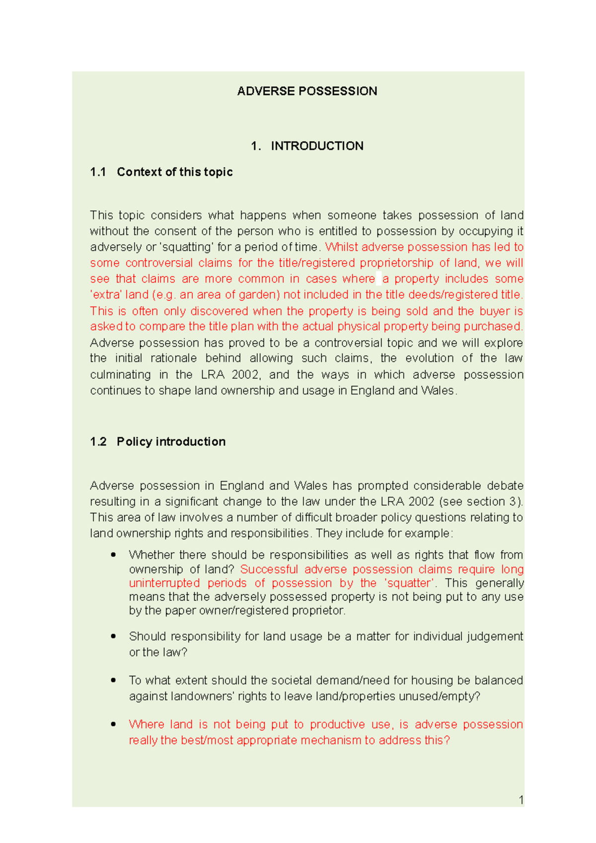 Land Law Unit 5 Adverse Possession - ADVERSE POSSESSION 1. INTRODUCTION ...