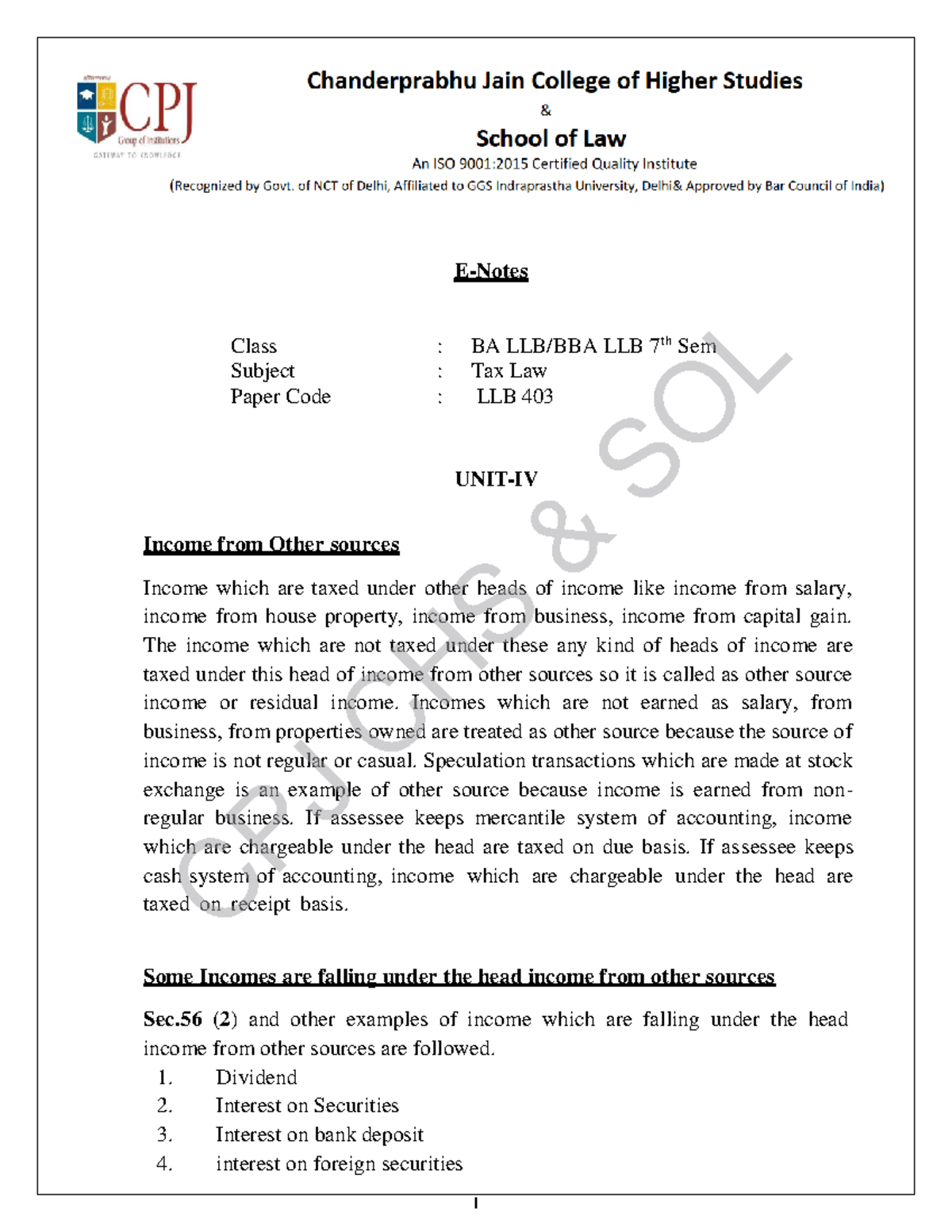 Tax Law Unit 4 Notes - E-Notes Class : BA LLB/BBA LLB 7th Sem Subject ...