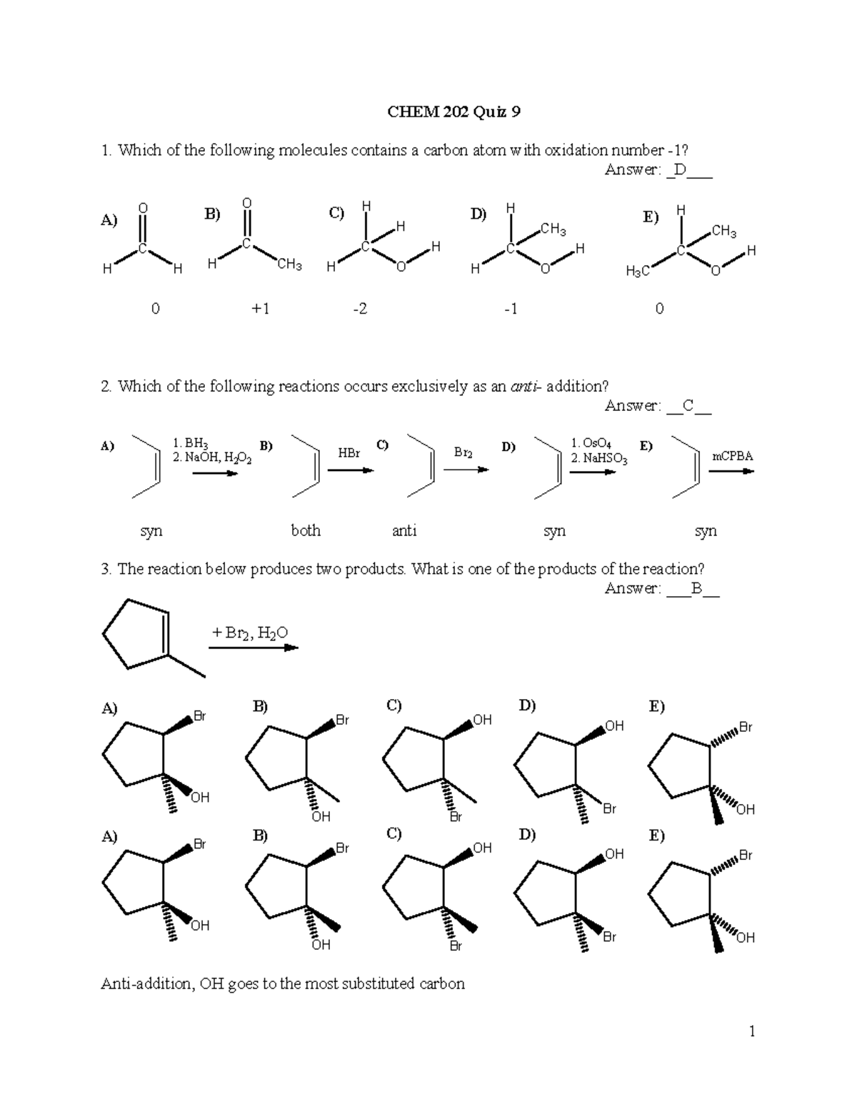 CHEM 202 quiz 9 key - Practice Quiz for Chapter 9 of Organic Chemistry ...