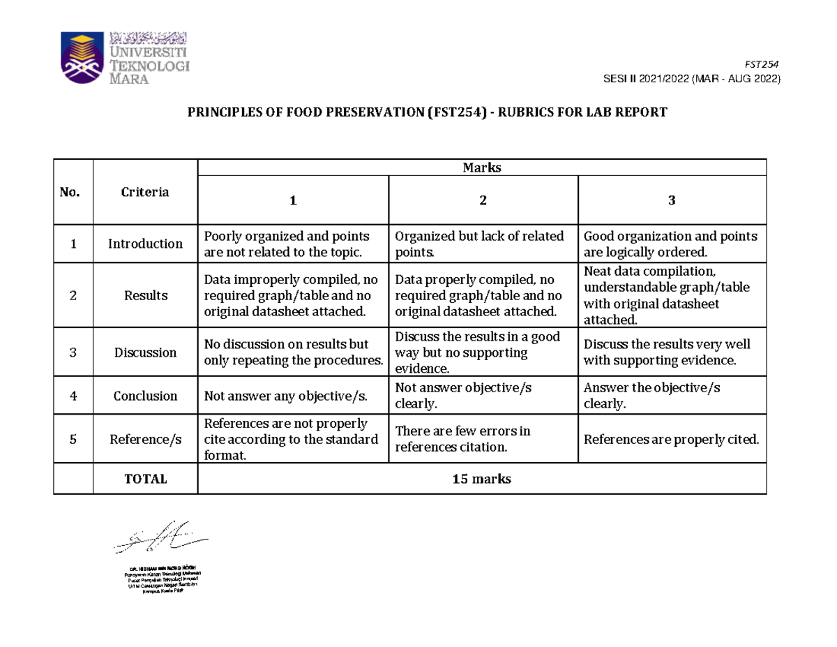 Rubric for Lab Report FST254 - MAr -AUG 2022 - NURUL AZLIN TOKIMAN FST ...