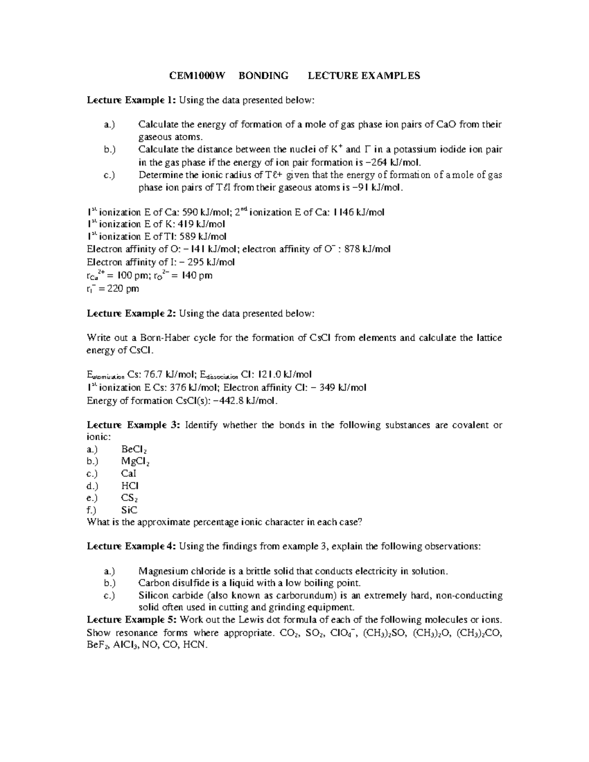 Lecture Examples - CEM1000W BONDING LECTURE EXAMPLES Lecture Example 1 ...