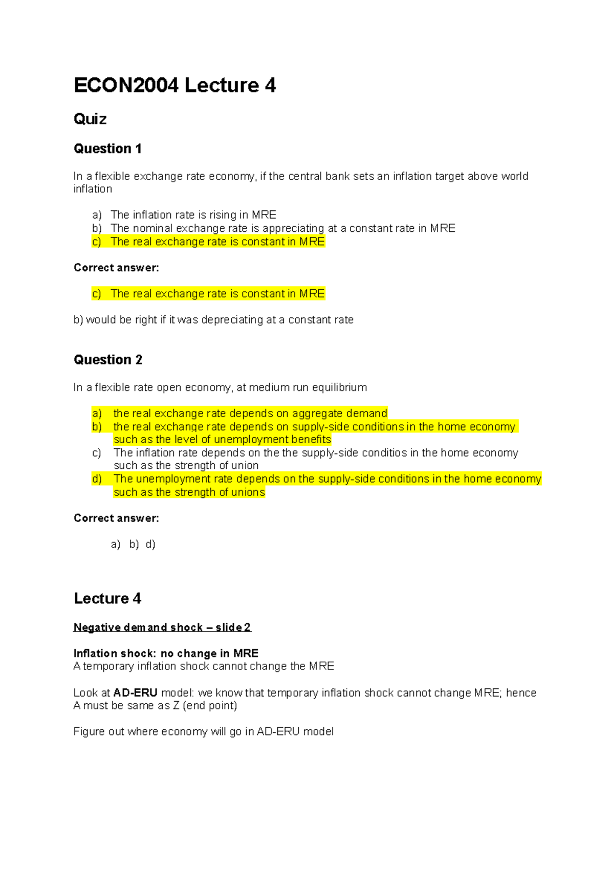 ECON2004 Term 2 Lecture 4 - ECON2004 Lecture 4 Quiz Question 1 In a flexible exchange rate ...
