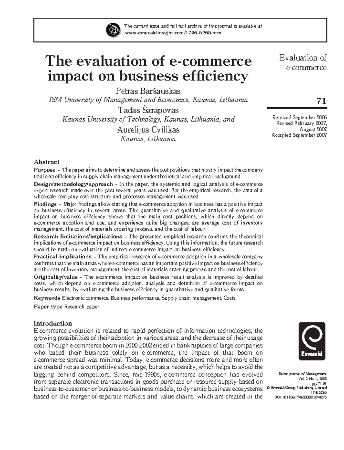 The evaluation of e-commerce impact on business ef - The evaluation of e-commerce impact on ...