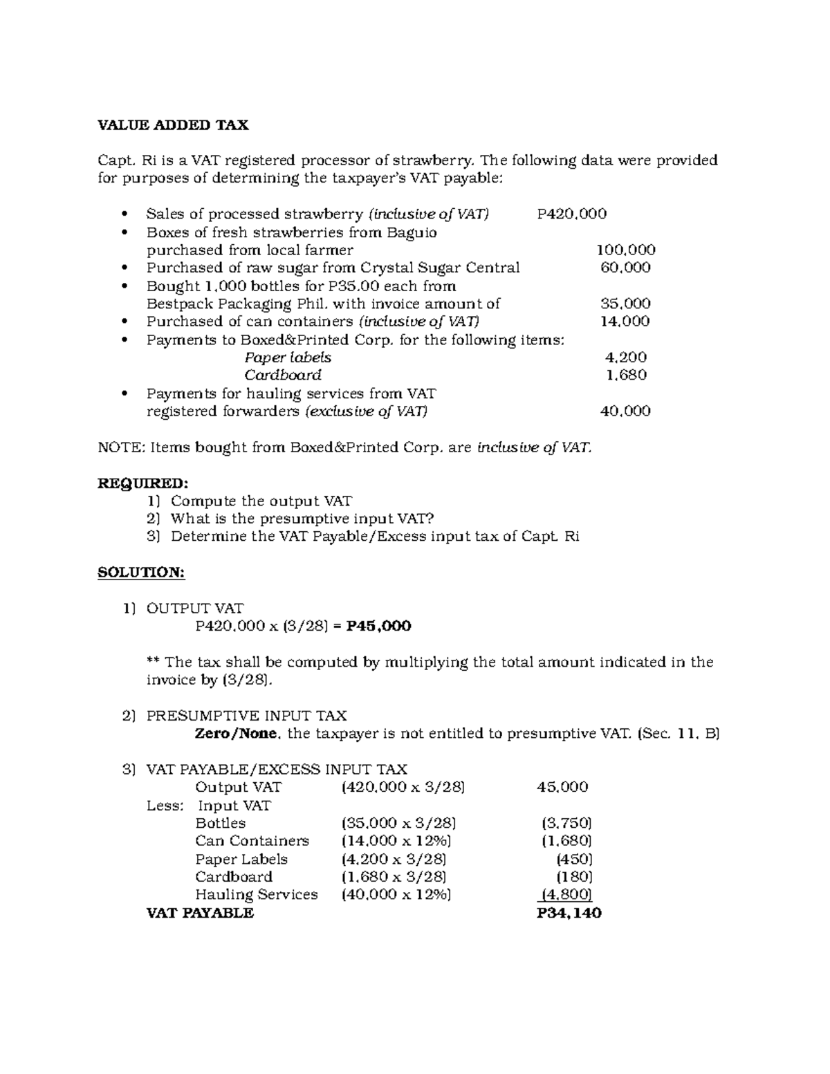 BUSINESS AND TRANSFER TAXATION - COMPREHENSIVE PROBLEMS - VALUE ADDED ...