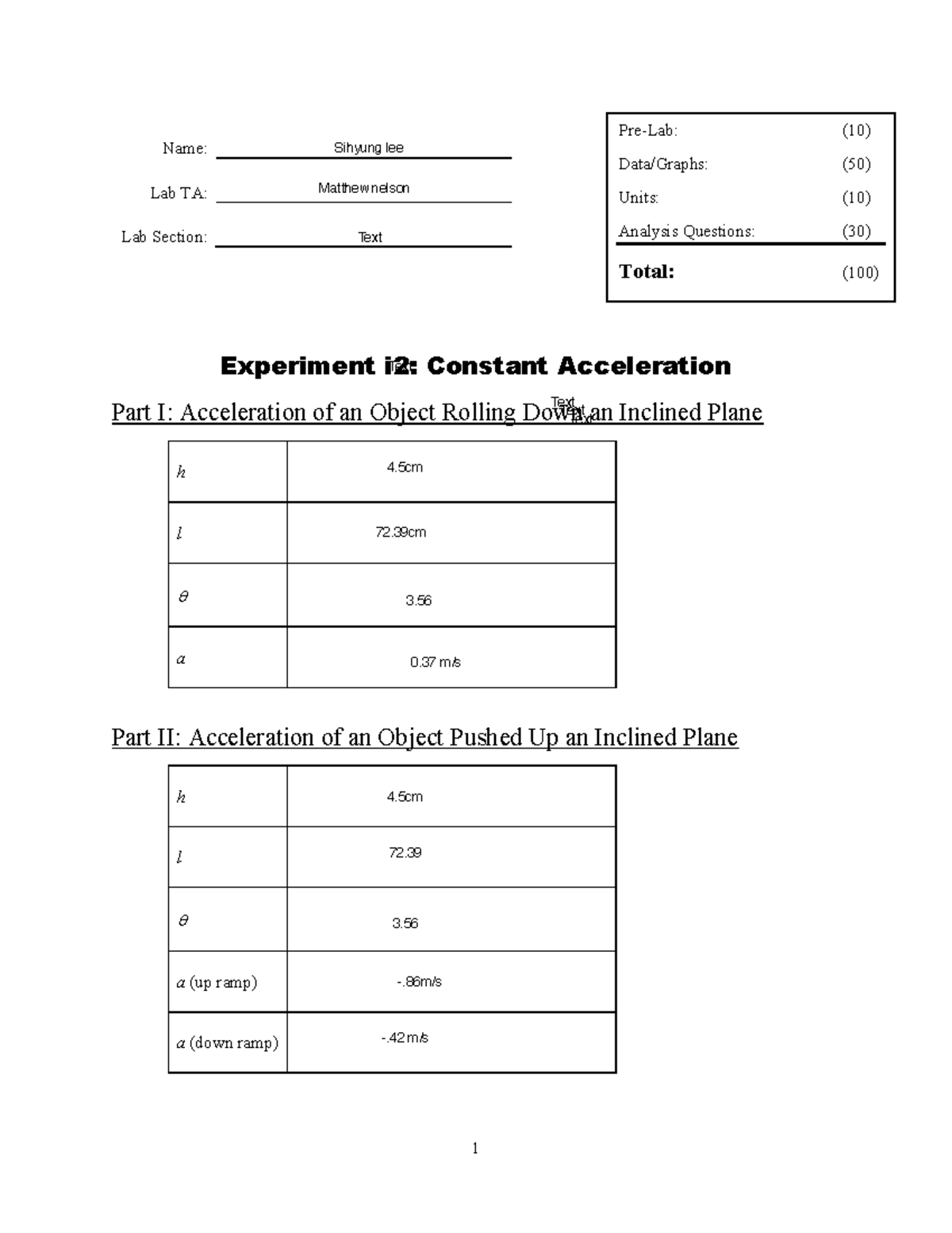 I2 ws-3 - physics 1400 - PHYS1611000A - 1 Experiment i2: Constant ...