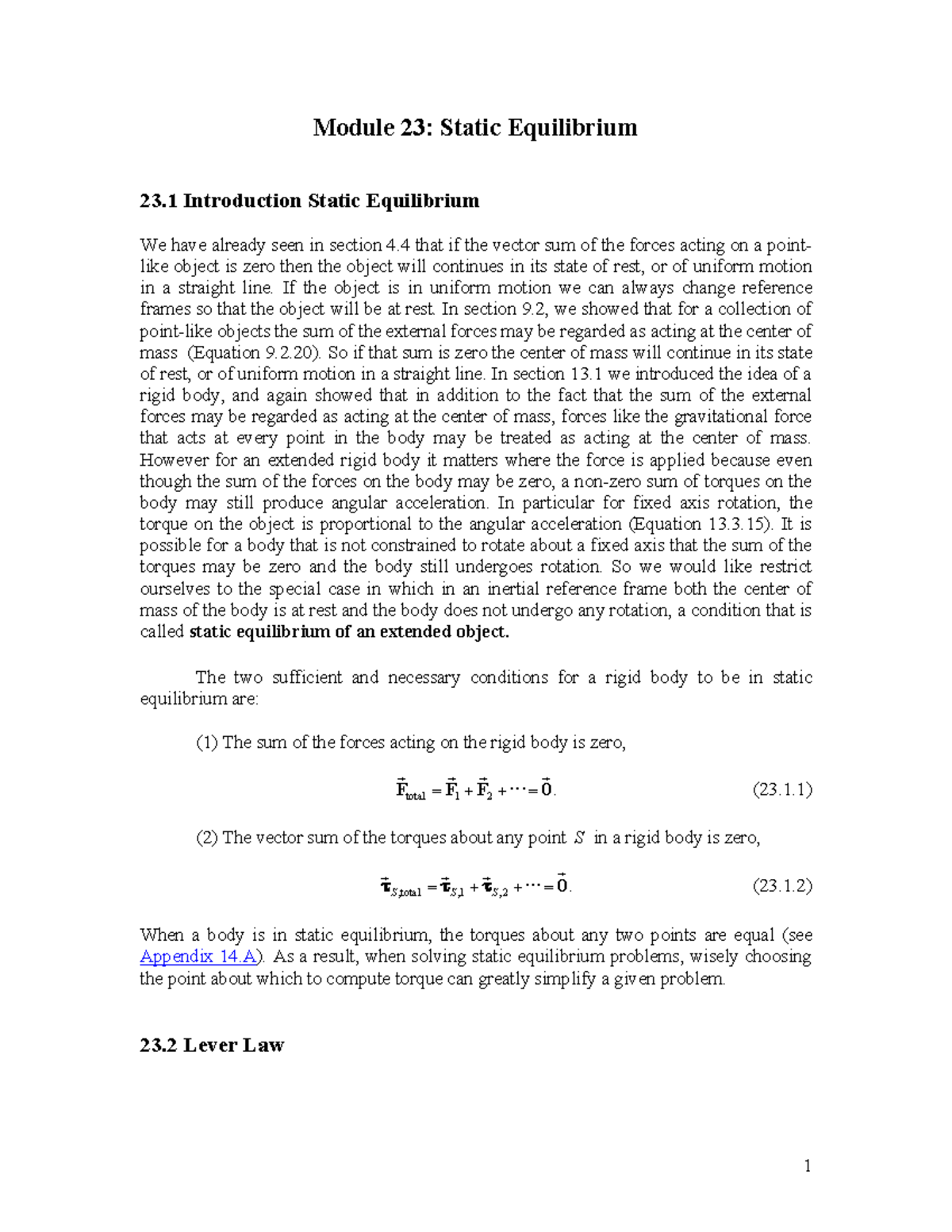 Static Equib - Module 23: Static Equilibrium 23 Introduction Static ...